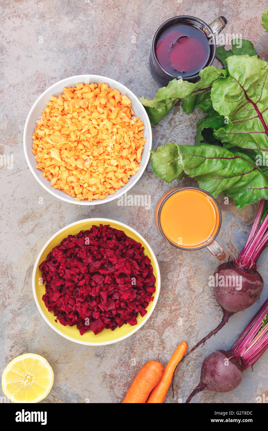 Carrot beetroot juice and salad. Fresh beetroot and carrot, salad and ...