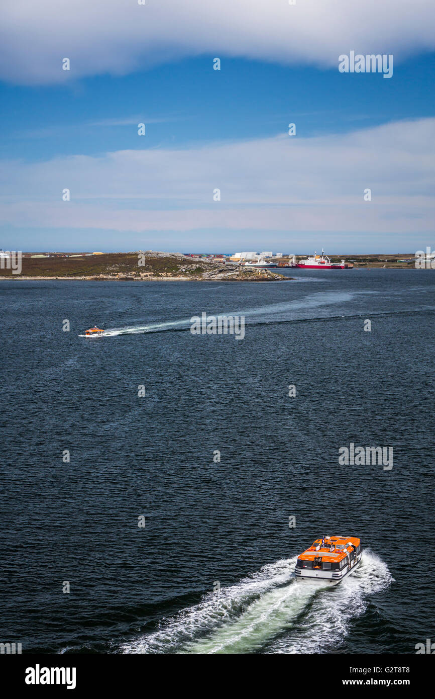 Cruise ship Zaandam tender boat transporting passengers to Port Stanley ...
