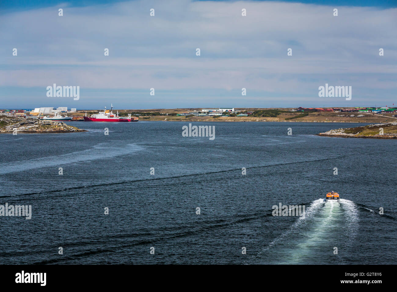 Cruise ship Zaandam tender boat transporting passengers to Port Stanley ...