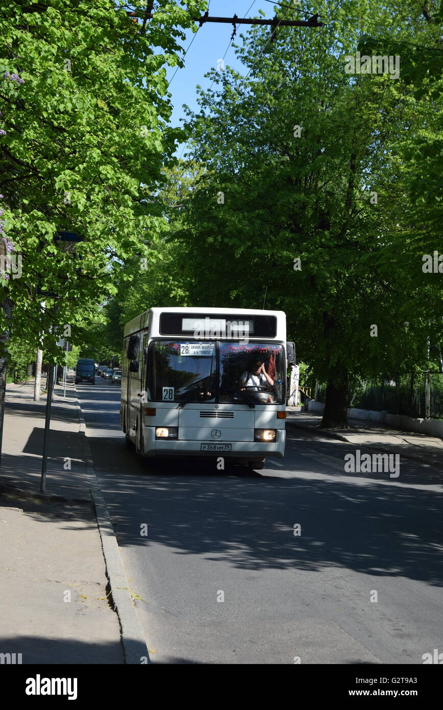 White bus en route running an alley Stock Photo - Alamy