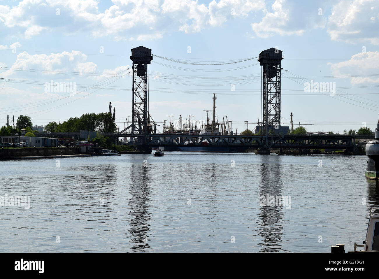 The operational railway drawbridge across the Pregolya River Stock ...