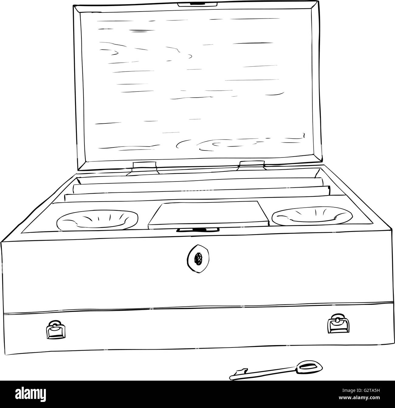 Outline drawing of late 18th century antique paint box with key over ...