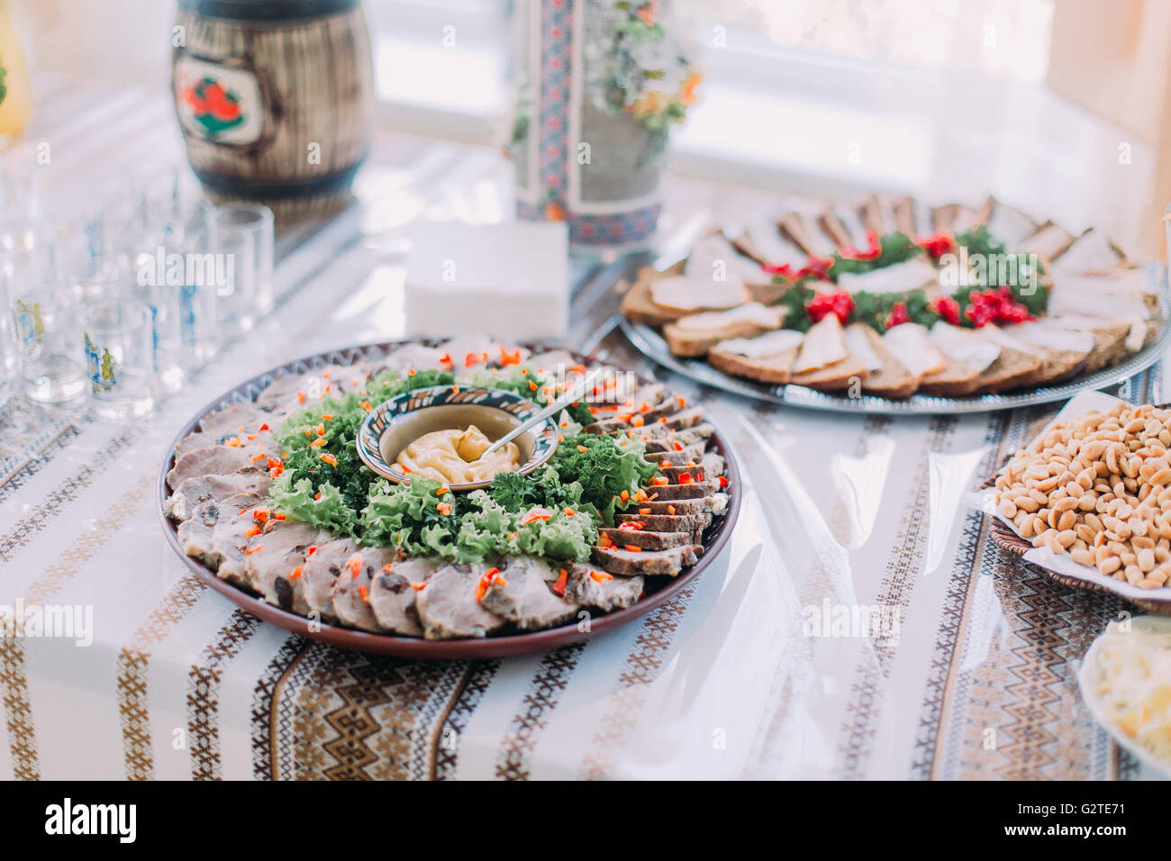 Table of different tasty snacks, served in traditional east slavic ...