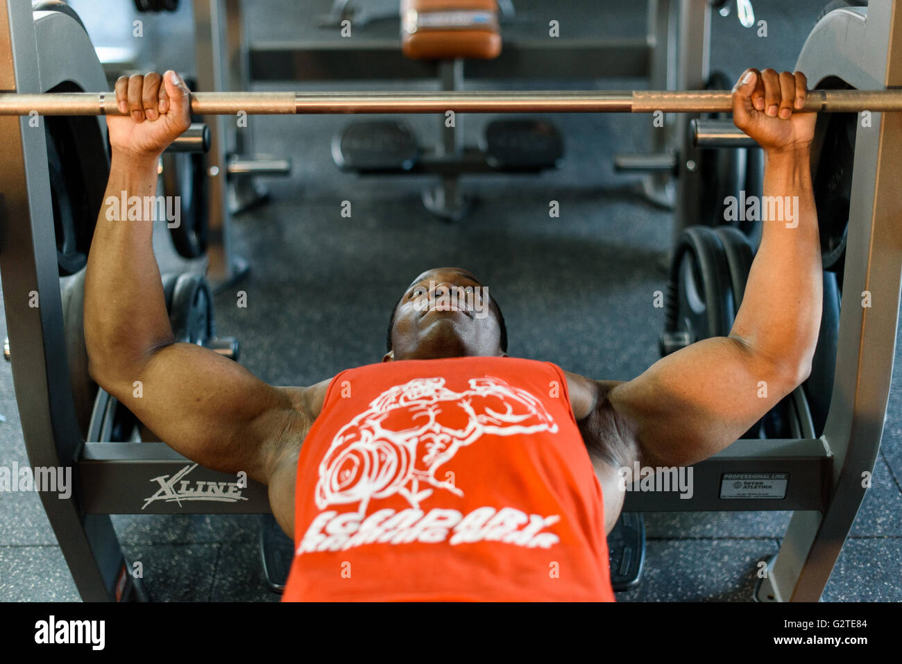 Black african-american bodybuilder training with barbell in the gym ...