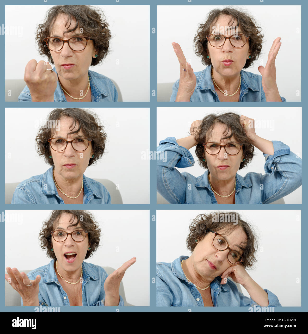 a portrait of a middle-aged woman with different expressions Stock ...
