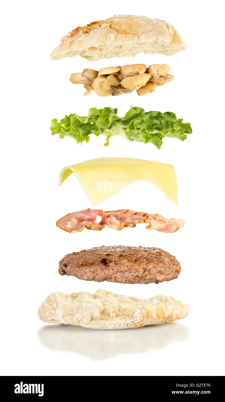 open sandwich, floating sandwich, burger sandwich with hamburger, bacon ...