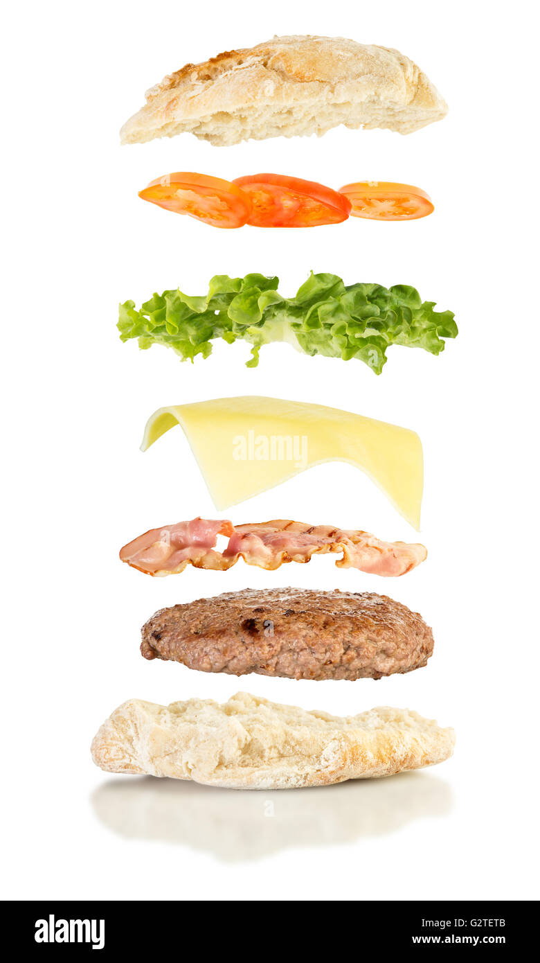 open sandwich, floating sandwich, burger sandwich with hamburger, bacon ...
