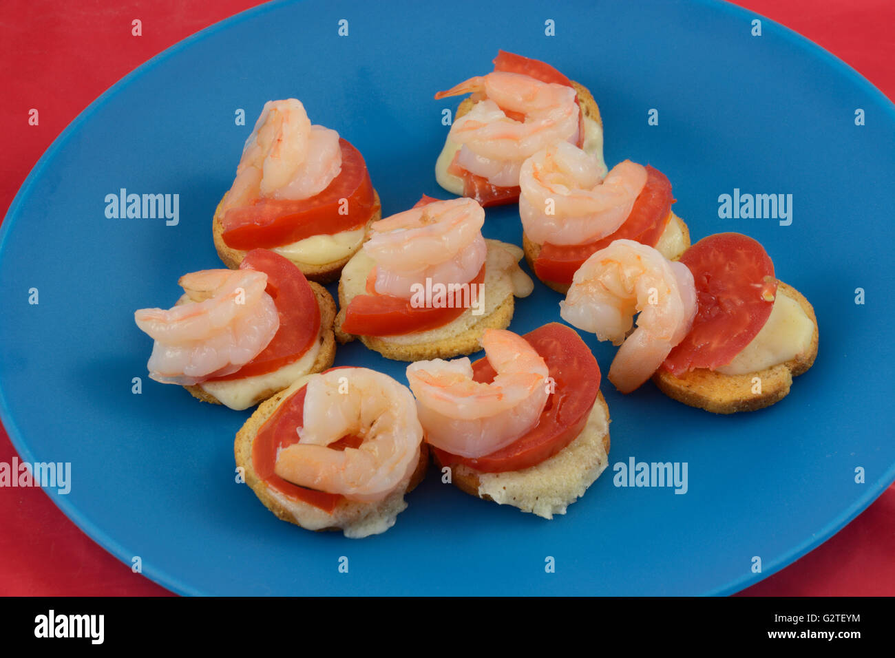 Appetizer plate of melba toast, melted mozzarella cheese, tomato and ...