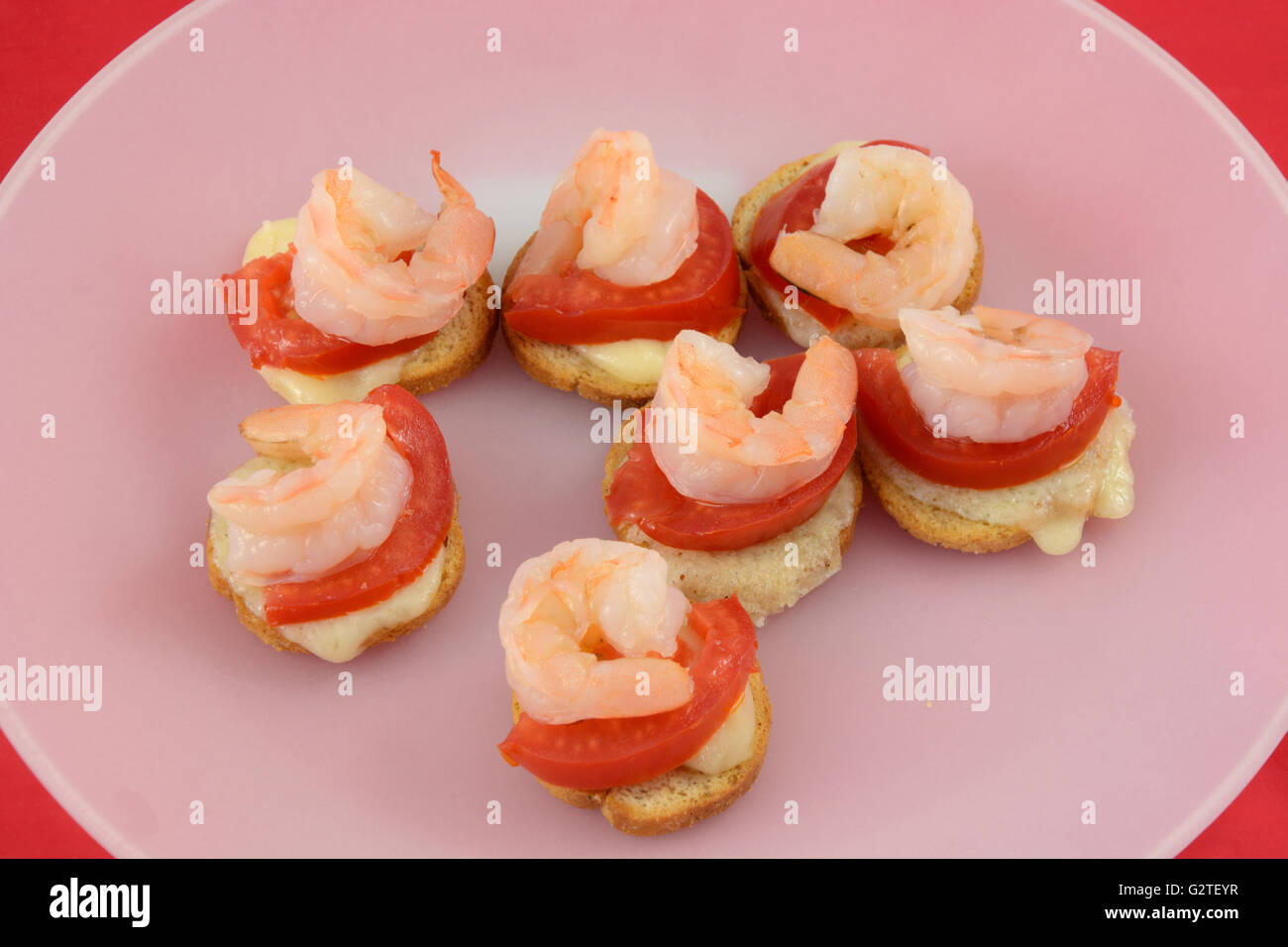 Appetizer plate of melba toast, melted mozzarella cheese, tomato and ...