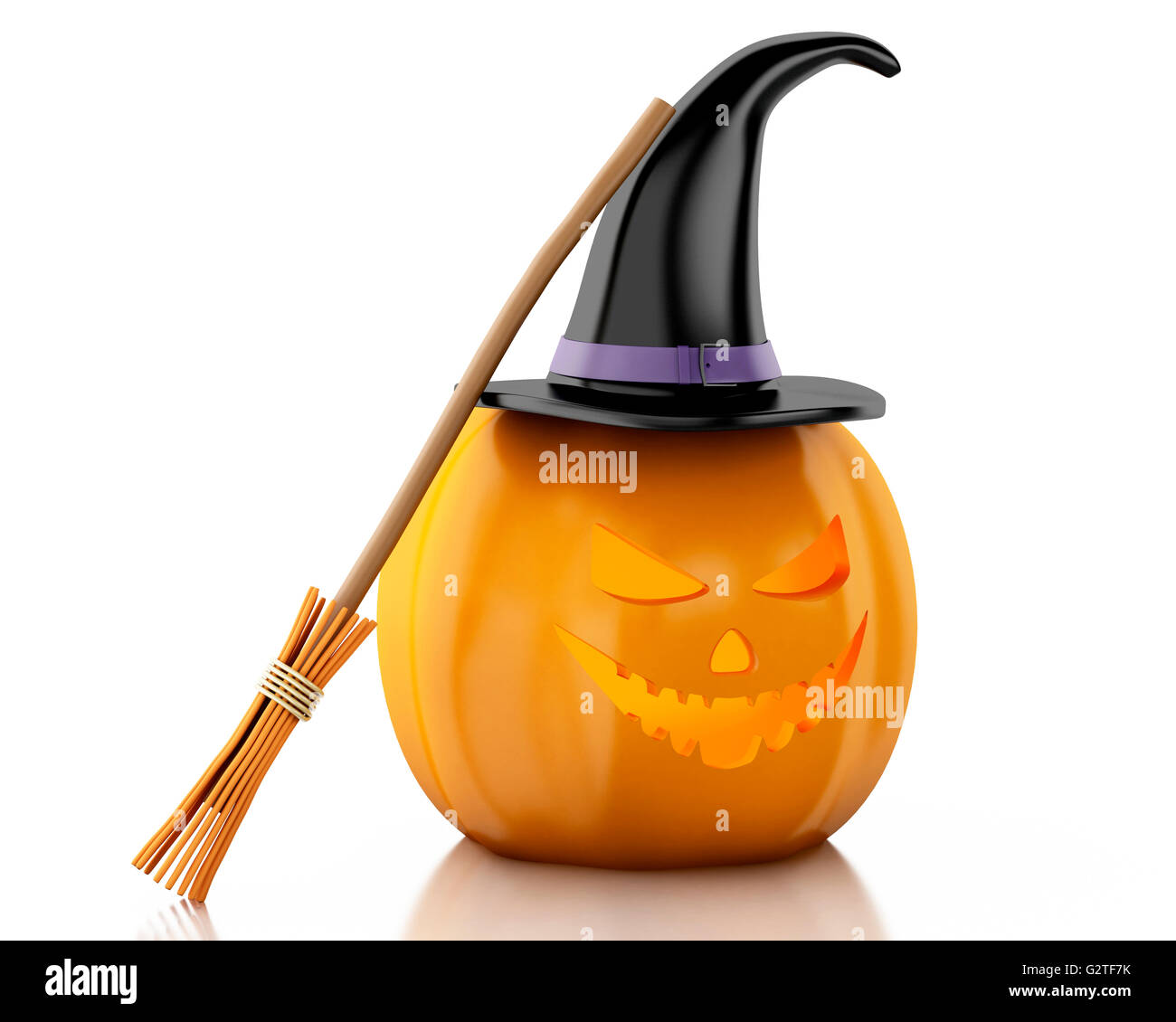 3d renderer image. Halloween pumpkin with hat and broom. Halloween ...