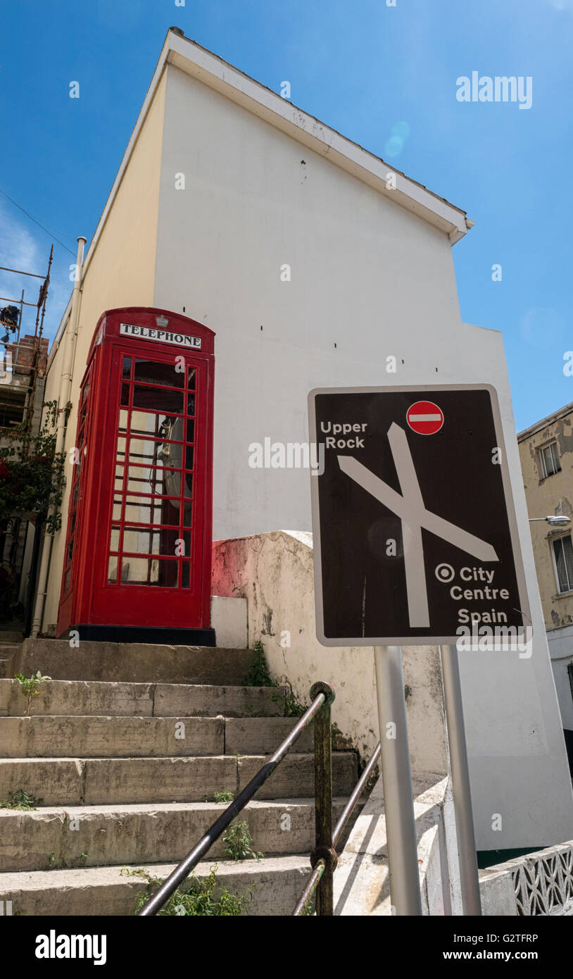 Which way Gib? British red telephone box and a sign in Gibraltar ...