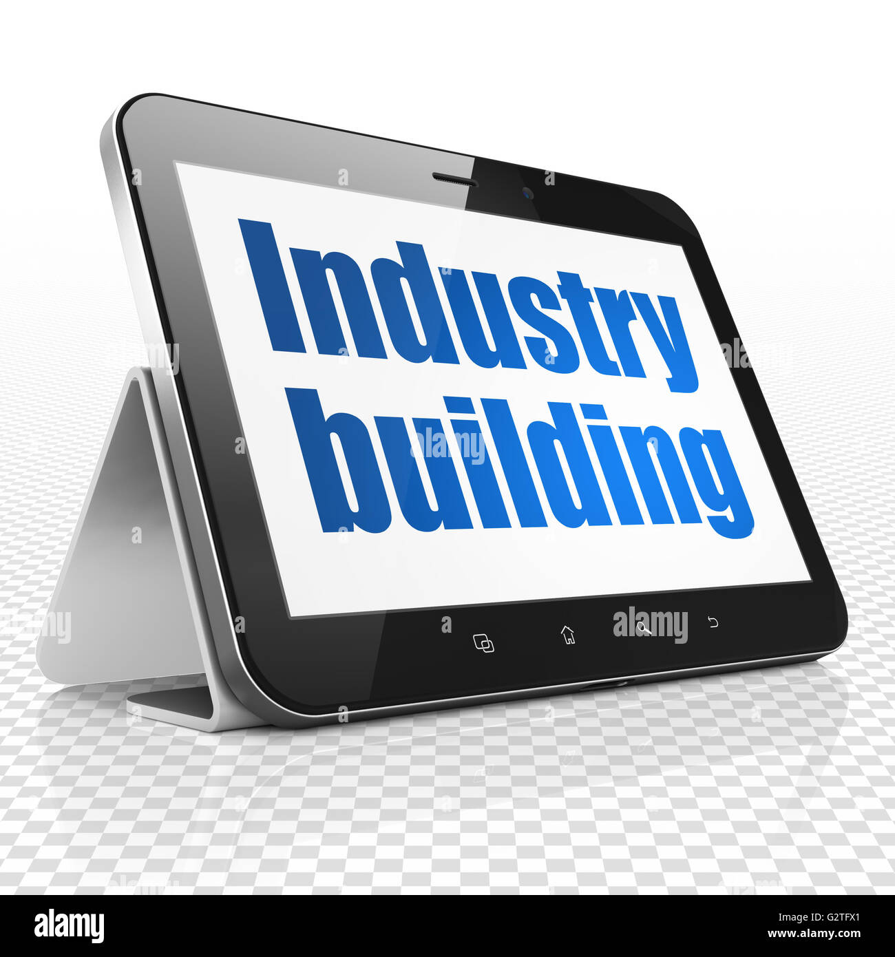 Manufacuring concept: Tablet Computer with Industry Building on display ...