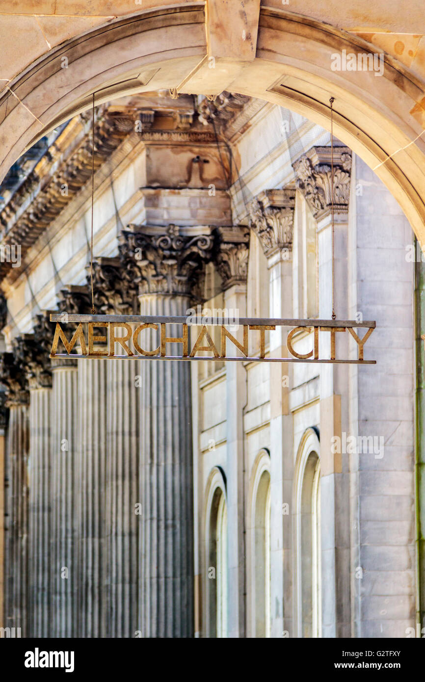 Archway with a sign indicating the entrance to Merchant City district ...