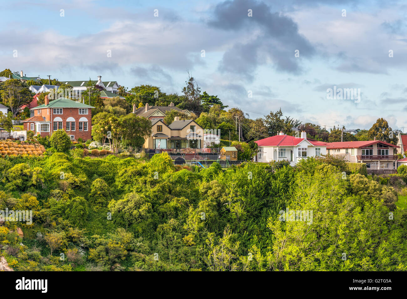 Houses situated on a hill at Port Chalmers, Dunedin, Otago region ...