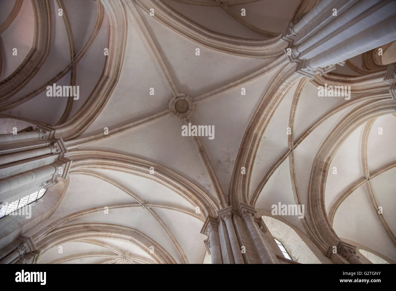 Interior of the Alcobaca Monastery, view from the bottom. This ...