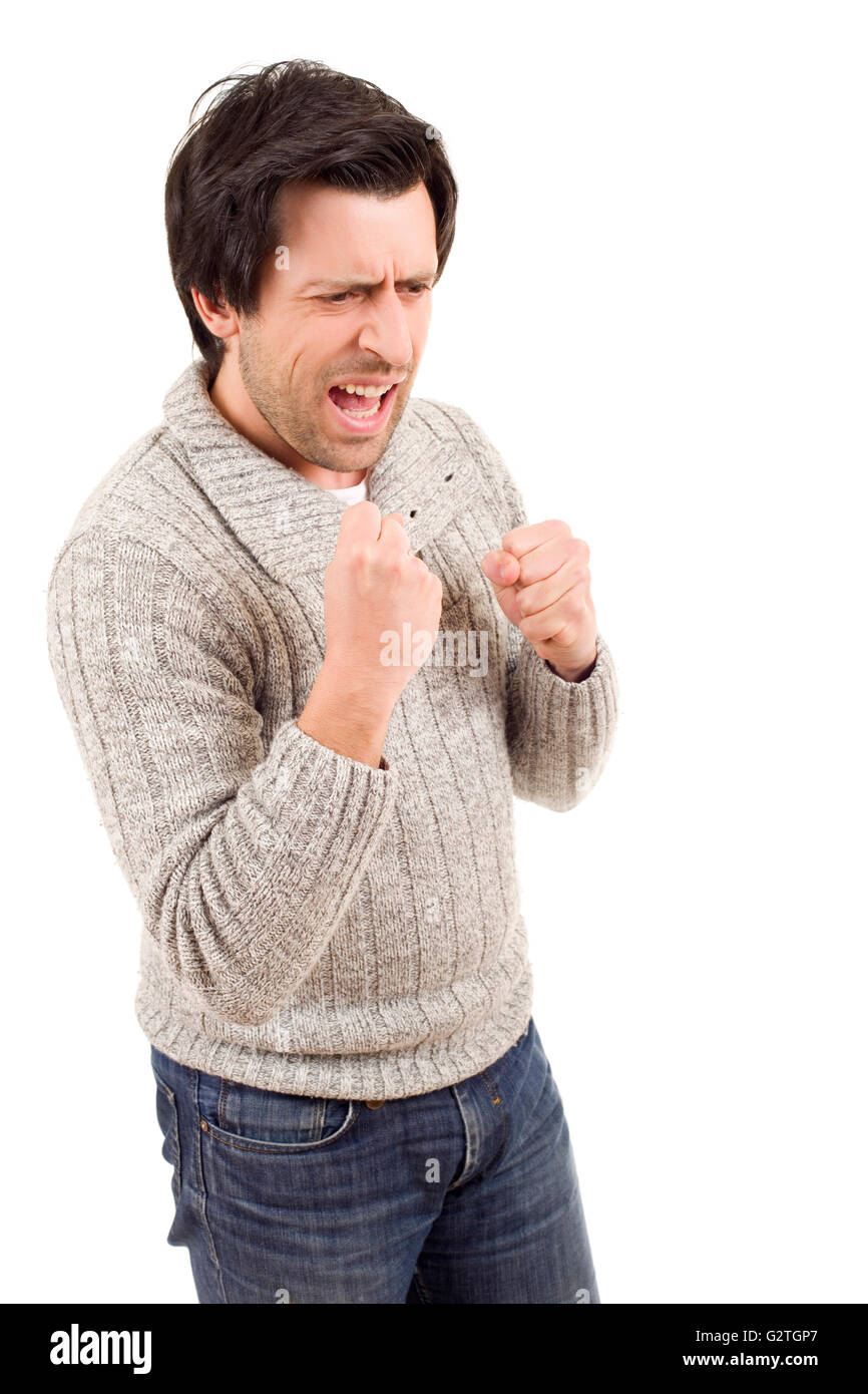 happy young man winning with open arms, isolated on white background ...