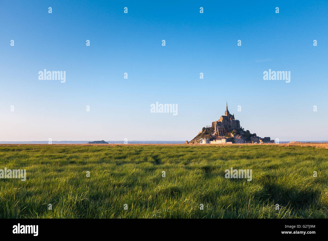 The historic abbey of Mont Saint-Michel and lush green fields in ...