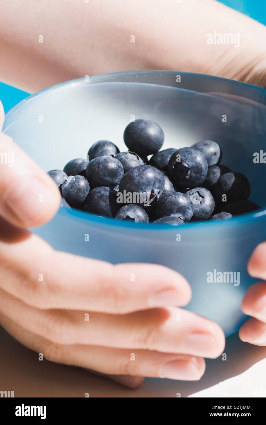 Hands holding blueberries in small blue bowl Stock Photo - Alamy