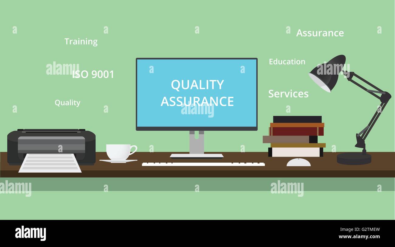 quality assurance text on computer pc on top of the desk vector graphic ...