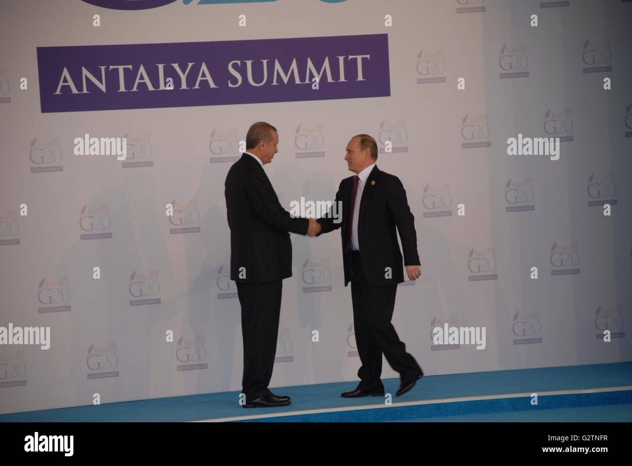 Turkish President Recep Tayyip Erdogan (L) greets Russian President ...