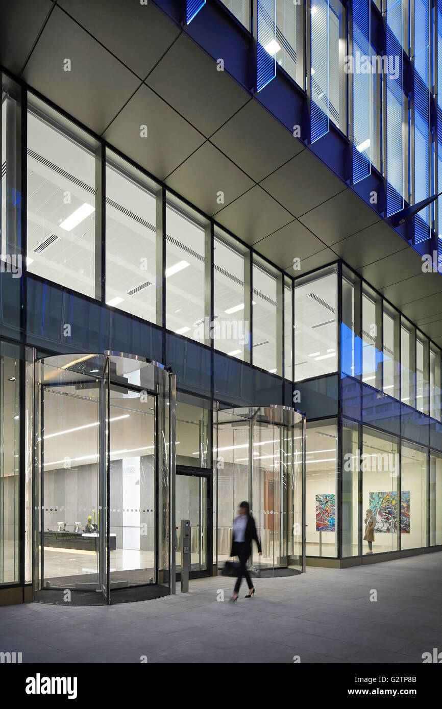 Perspective of glass facade with view towards reception. Moorgate ...
