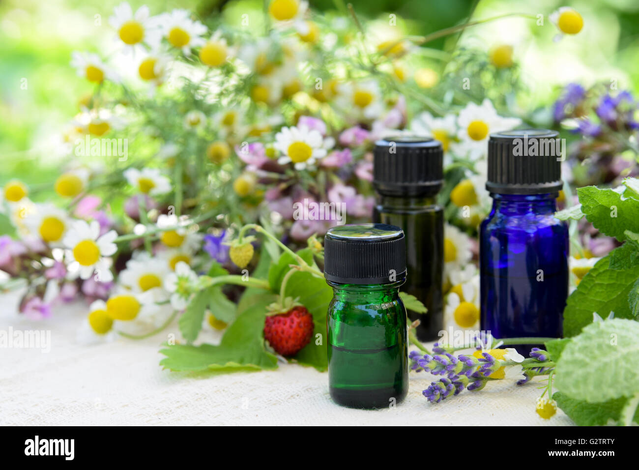 essential oils with herbal flowers Stock Photo - Alamy