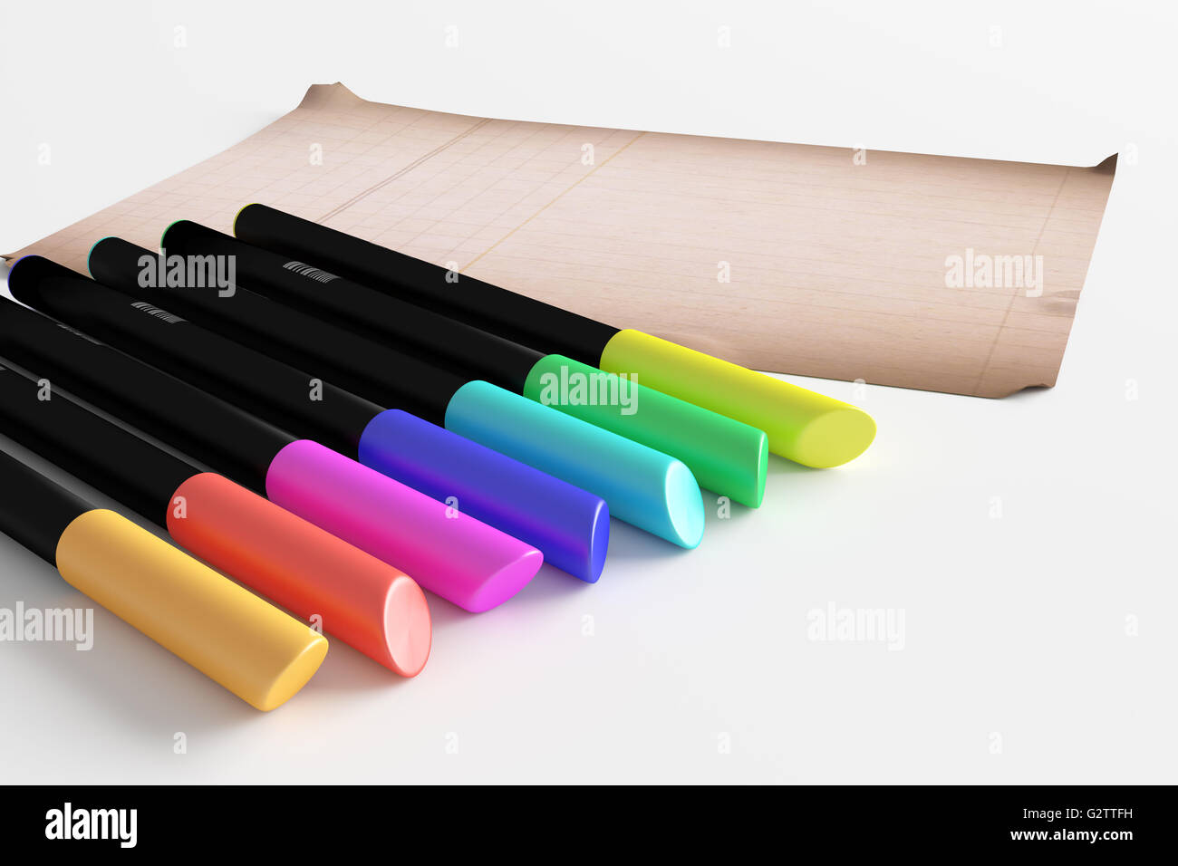 3d rendering of bright colorful pens with sheet of paper on white ...