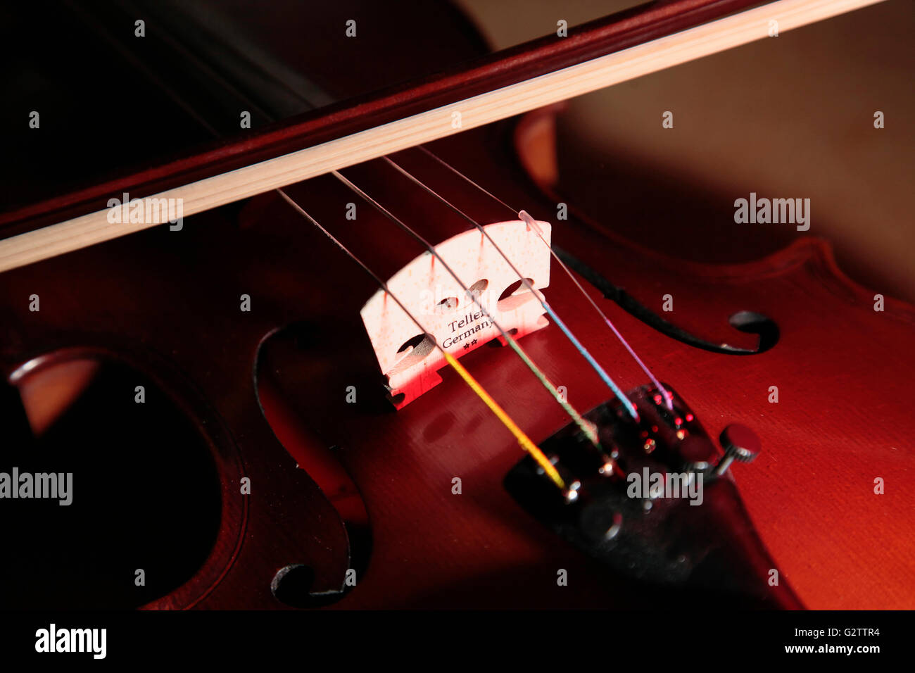 Music, Instruments, Strings, Close up detail of Violin showing bridge ...