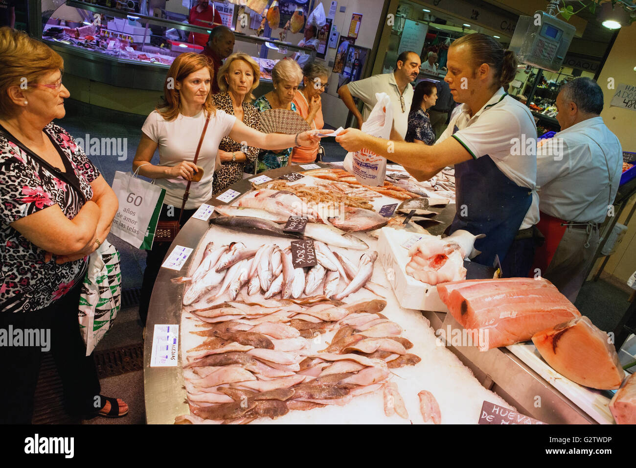 Spain, Andalucia, Seville, Fish counter in the market at Metropol ...