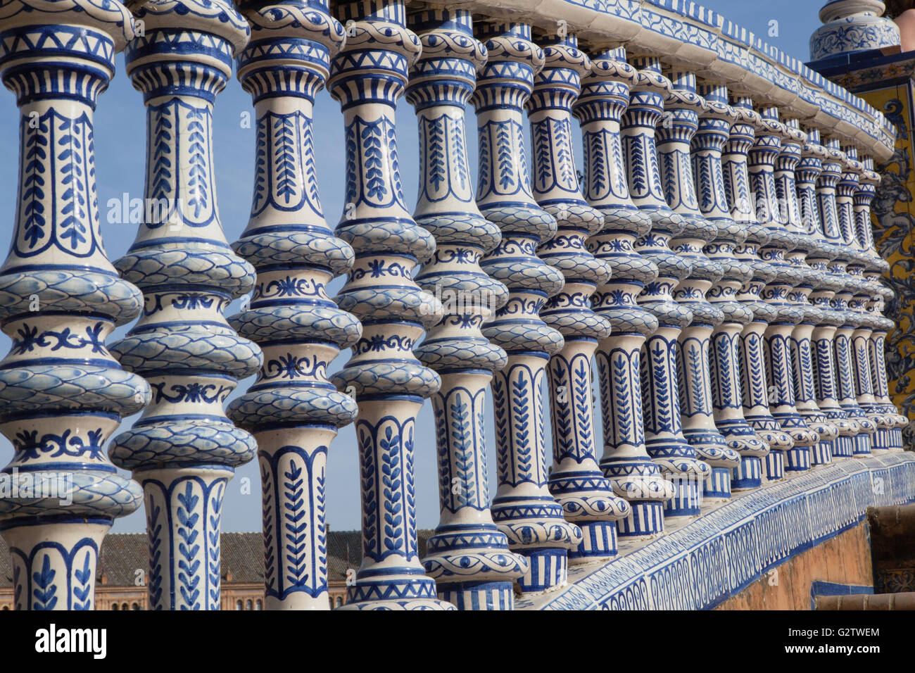 Spain, Andalucia, Seville, Detail of the ceramic balustrade on a bridge ...