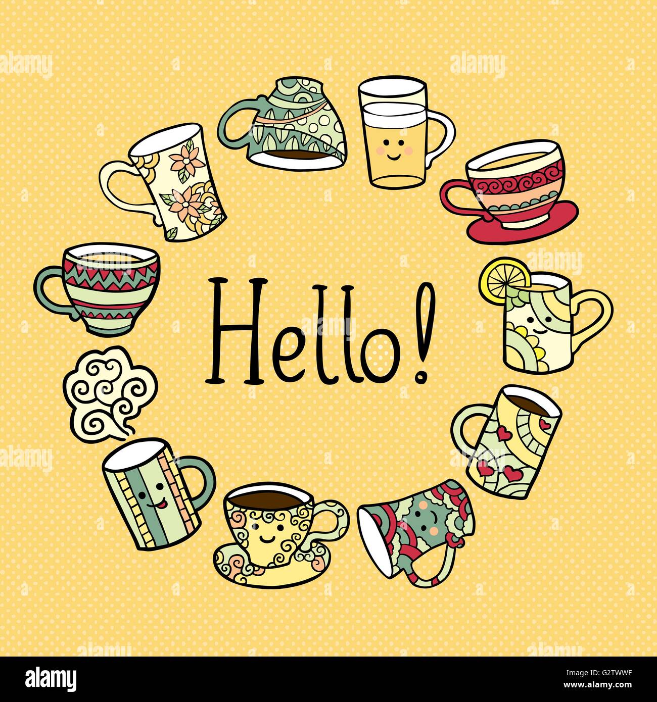 Hello Card with doodle tea cups Stock Vector Image & Art - Alamy