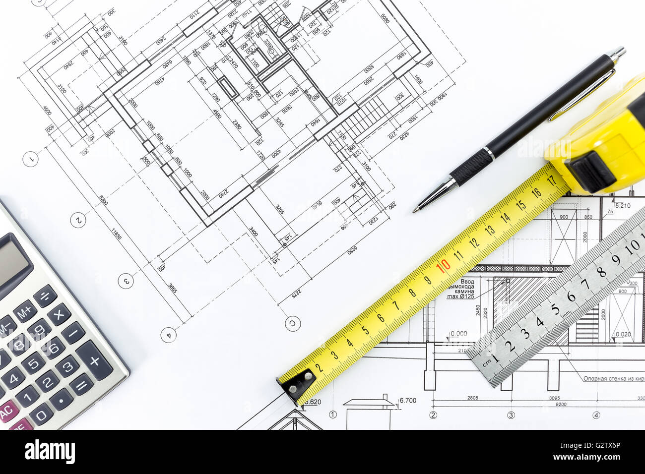 Engineering and architecture drawings and work tools - ruler, pencil ...