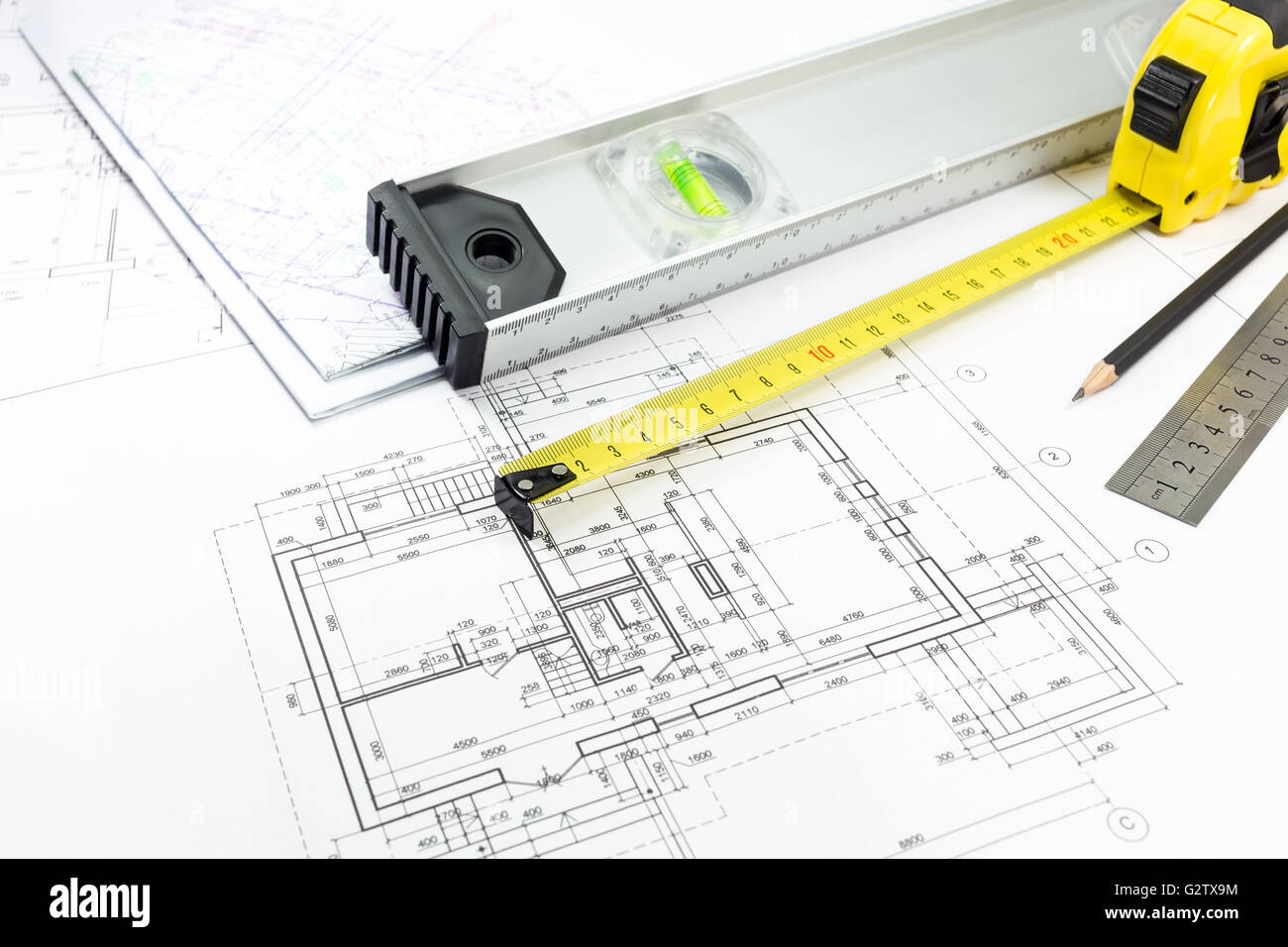 Architectural construction documents, plans and tools. Blueprints ...