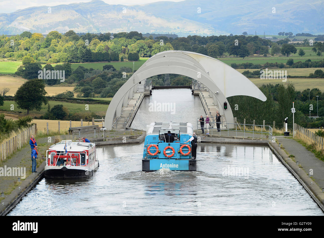 Scotland, Edinburgh, Falkirk Wheel, canal basin with barges Stock Photo ...