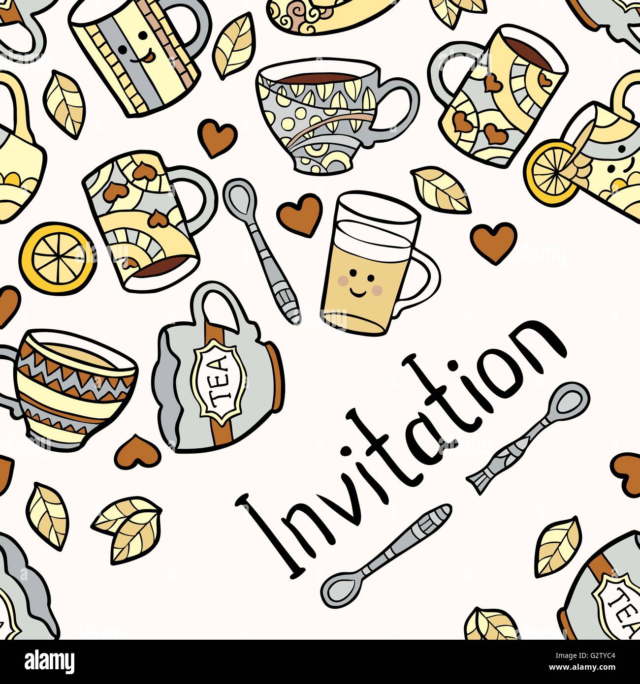 Invitation card with doodle tea accessories on light dotted background ...