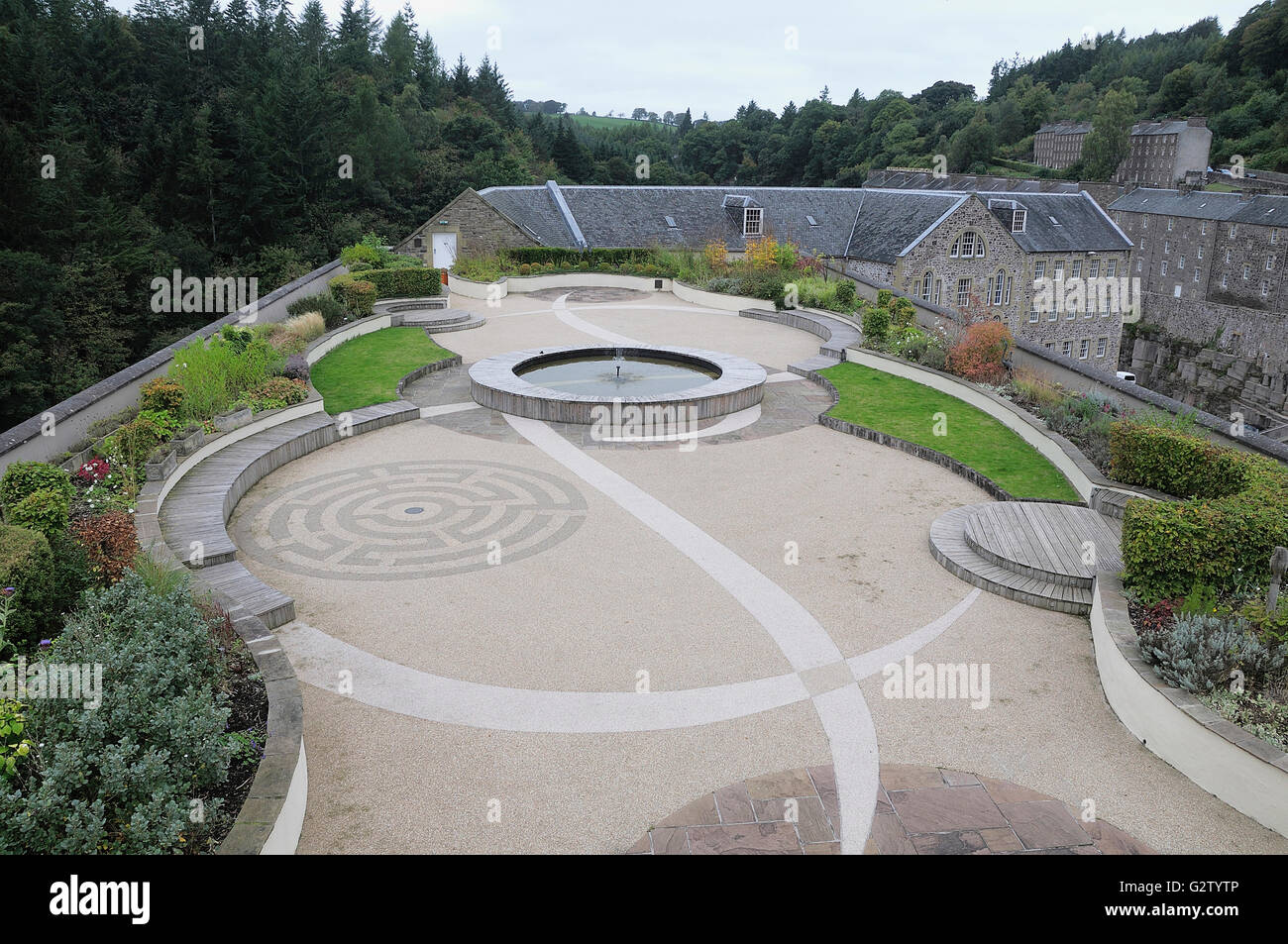 Scotland, Clyde Valley, New Lanark, rooftop garden and viewing platform ...