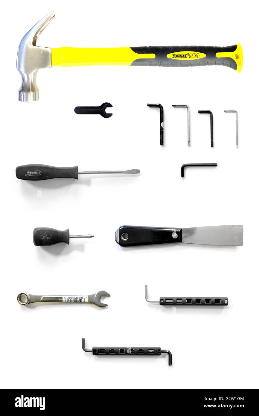 A selection of tools photographed against a white background Stock ...