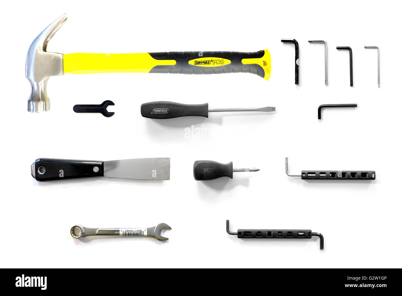 A selections of tools photographed against a white background Stock ...