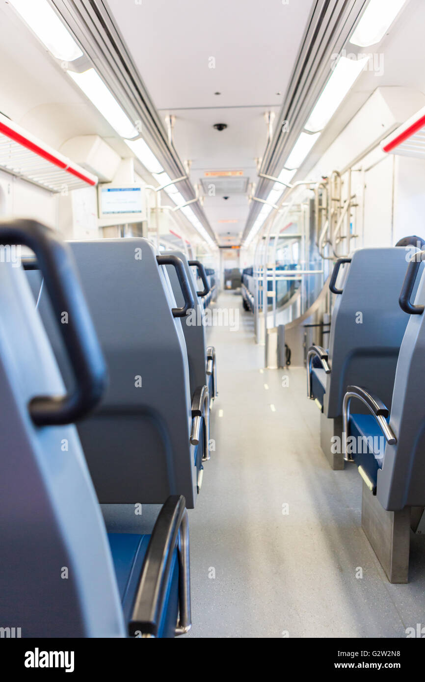Interior of commuter train from Denver Airport to Denver Union Station ...