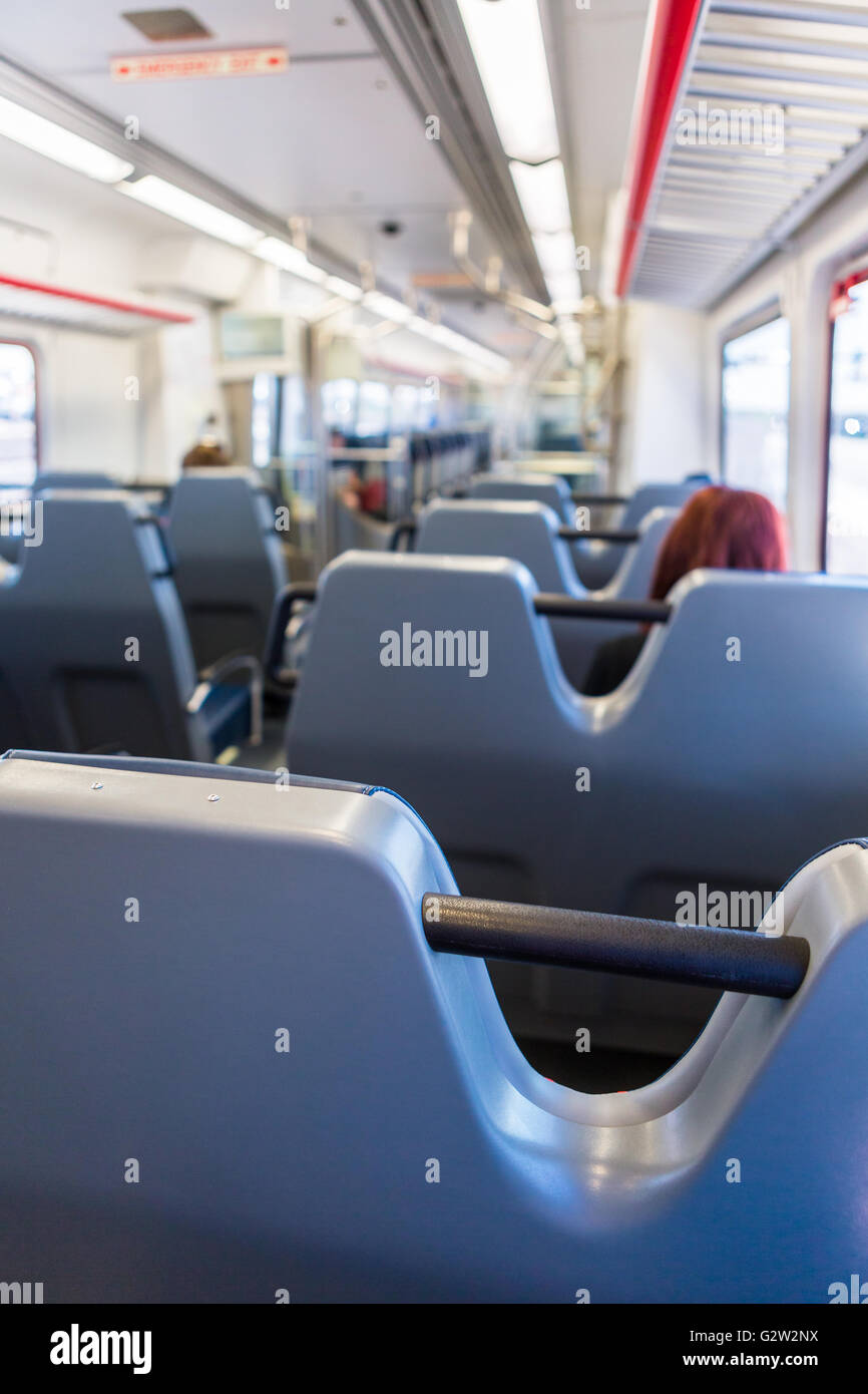 Interior of commuter train from Denver Airport to Denver Union Station ...