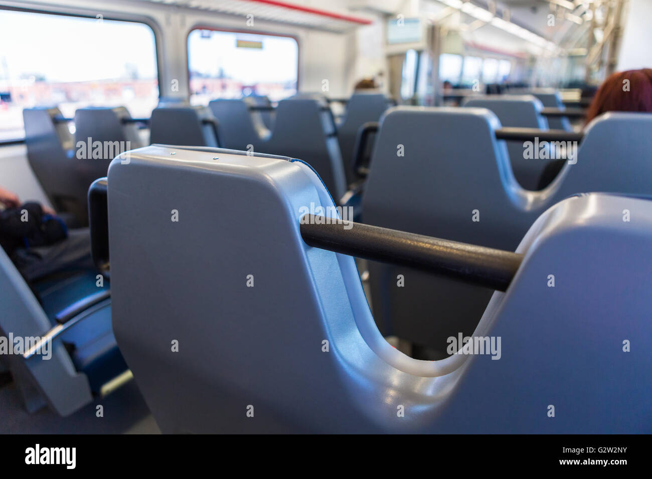 Interior of commuter train from Denver Airport to Denver Union Station ...