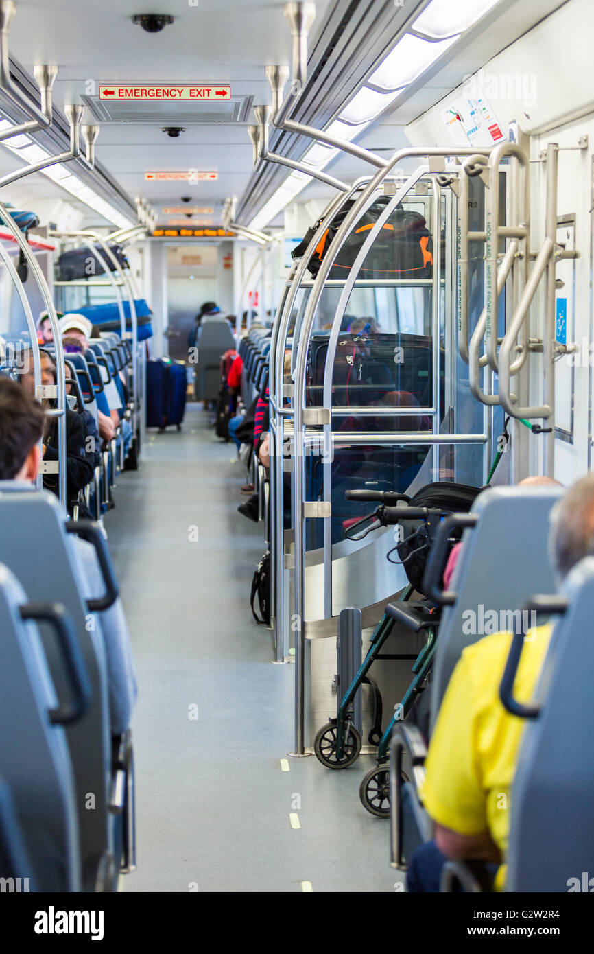 Interior of commuter train from Denver Airport to Denver Union Station ...