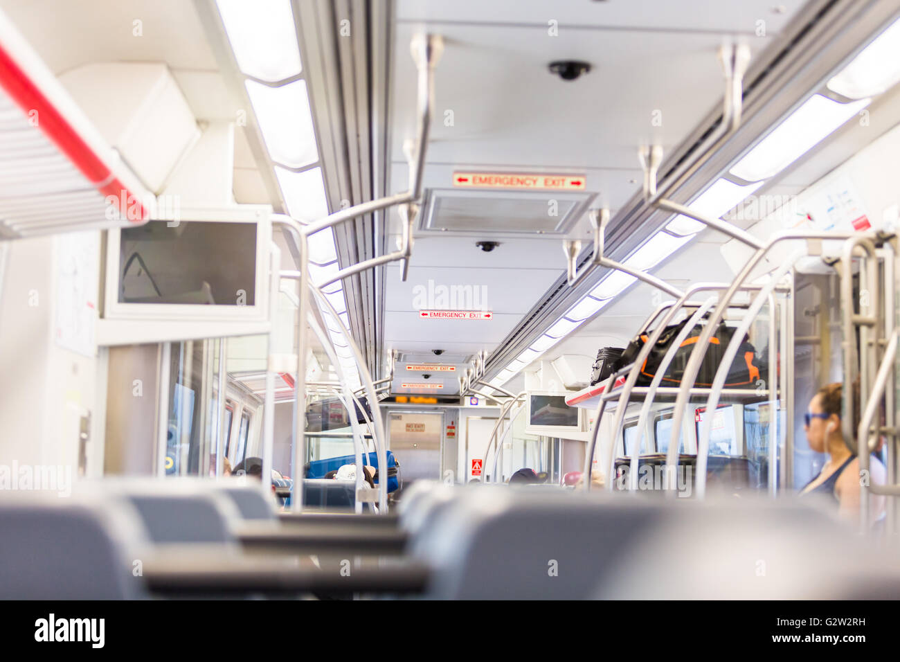 Interior of commuter train from Denver Airport to Denver Union Station ...