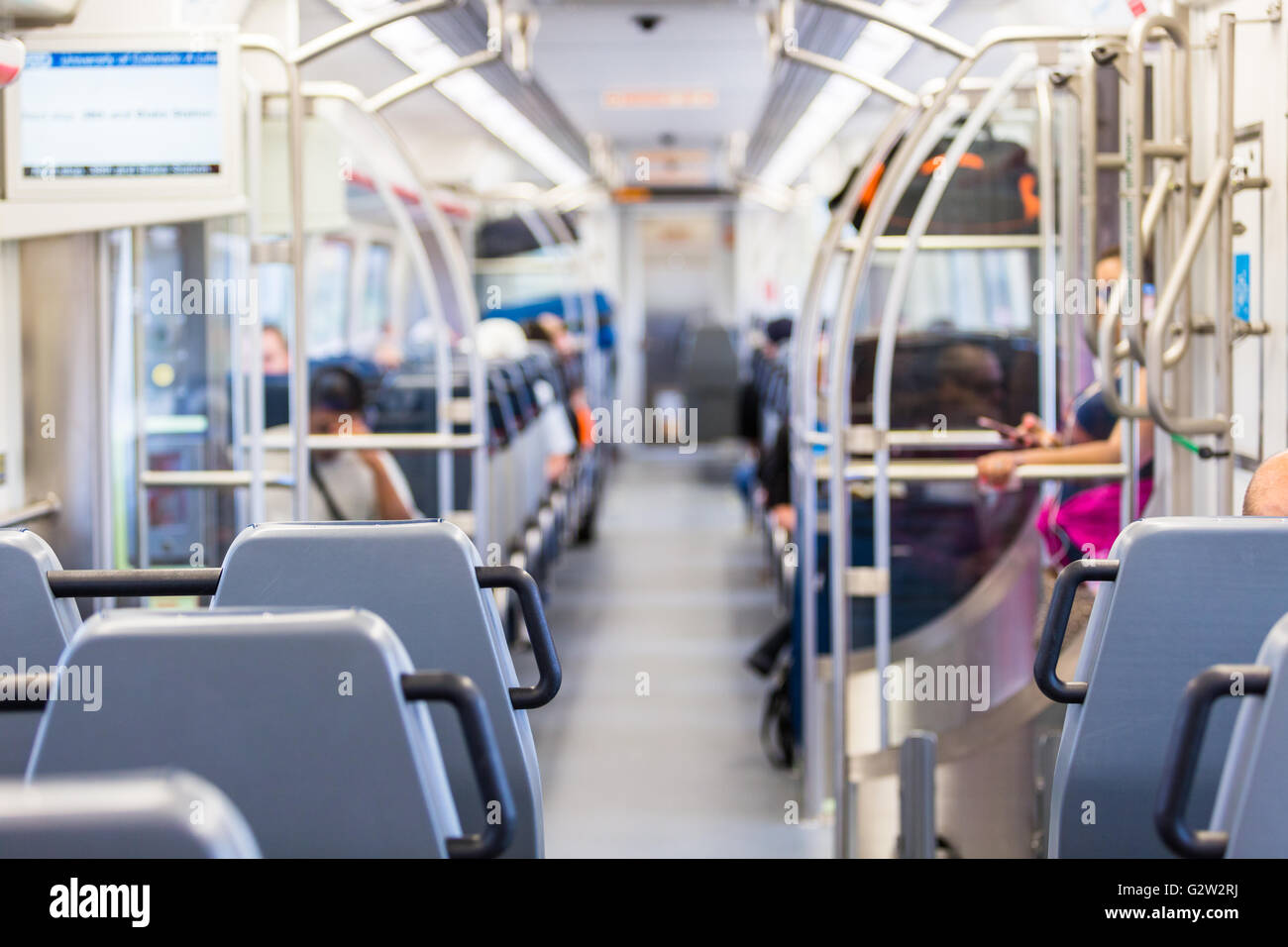 Interior of commuter train from Denver Airport to Denver Union Station ...