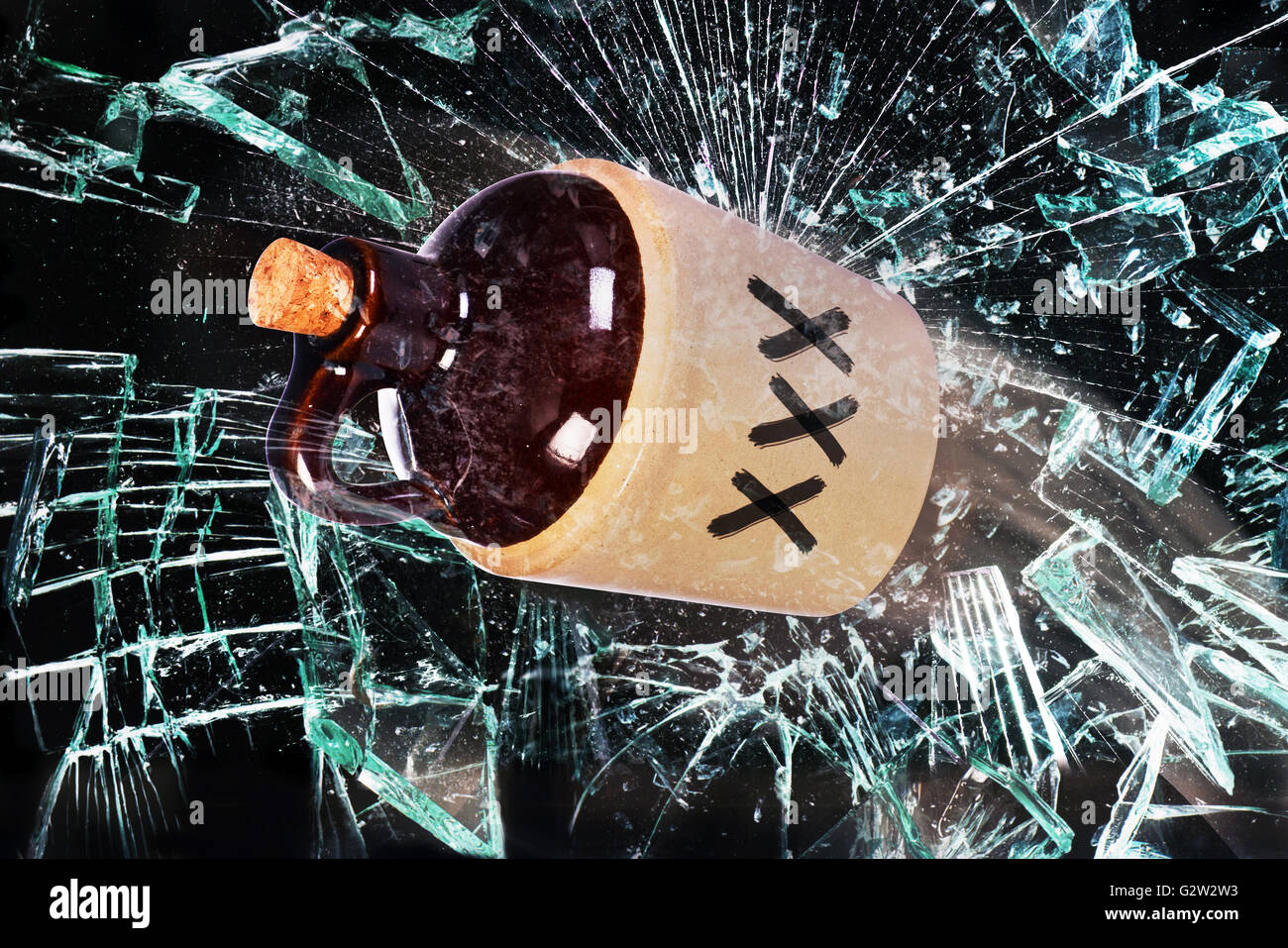 Jug of white lighting flying through broken window Stock Photo - Alamy