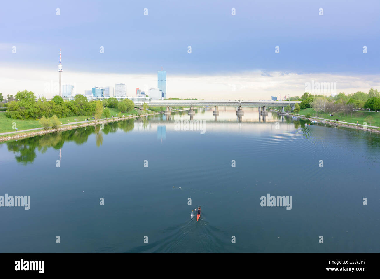 Neue Donau with paddler and Nordbahnbrücke and Donauturm , Danube City ...