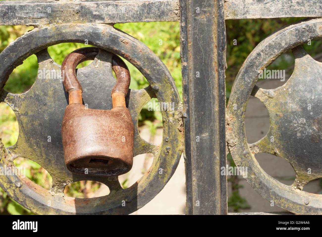 Old rusty lock on a metal gate into the garden. Lock on the iron gate ...