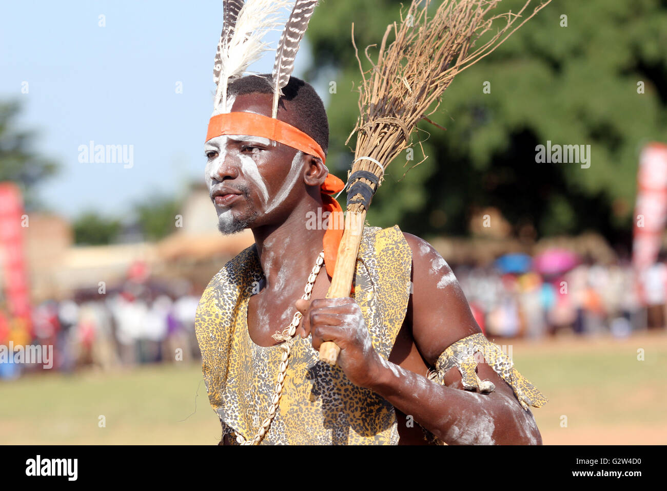 A traditional dancer entertains guests in Uganda. Music and dance are ...