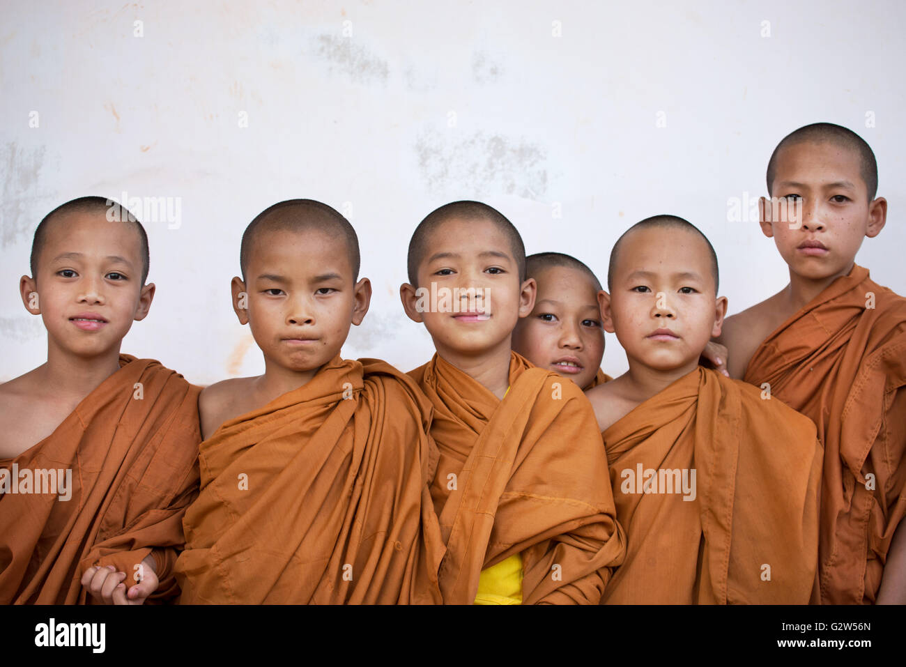Young novice monks with saffron robes, Shan State, Myanmar Stock Photo ...