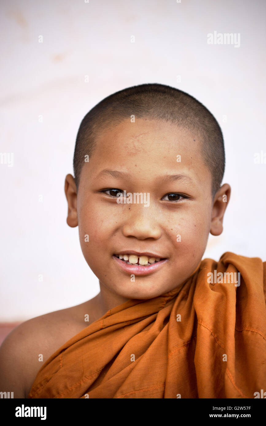 Smiling young novice monk with saffron robe, Shan State, Myanmar Stock ...